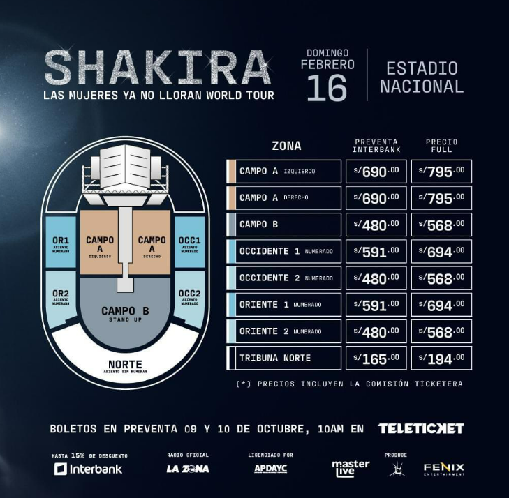 Estos son los precios y zonas para el concierto de Shakira en el Estadio Nacional