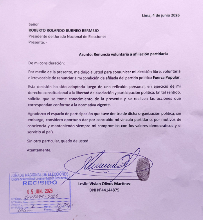 Congresista Vivian Olivos renuncia al partido Fuerza Popular por ...